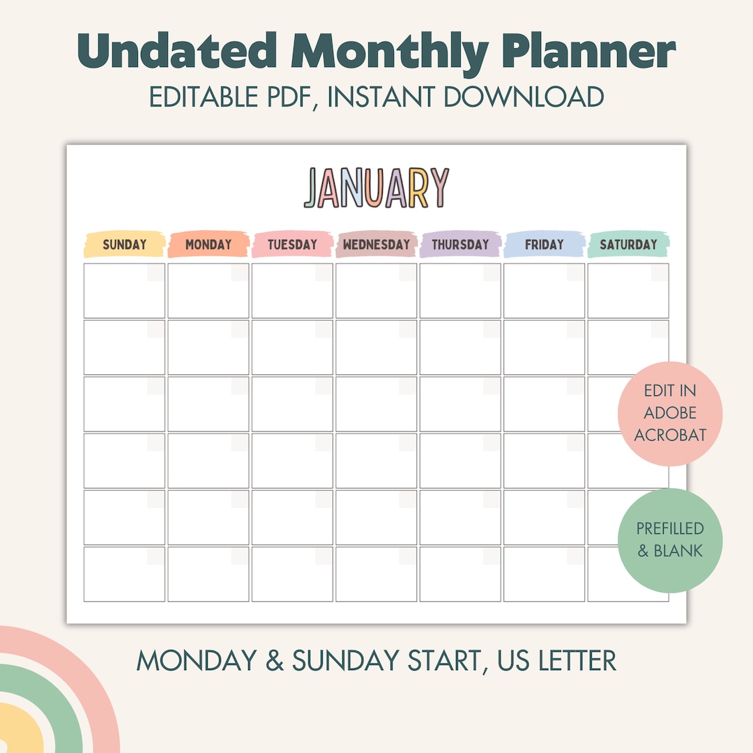 Editable Undated Monthly Calendar Template Monday & Sunday - Etsy