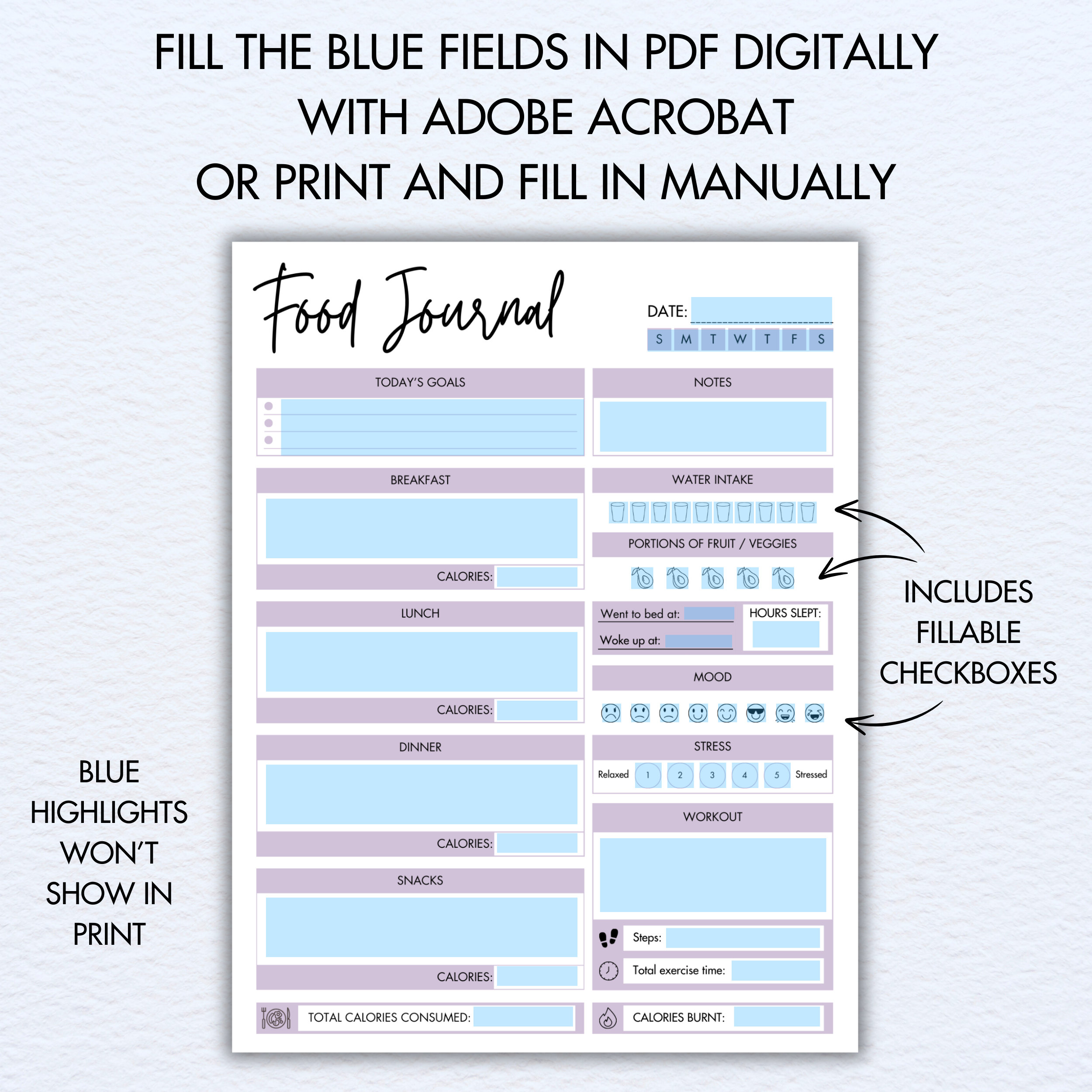 Daily Food Journal, Editable Daily Food Diary, Printable Weekly Meal ...