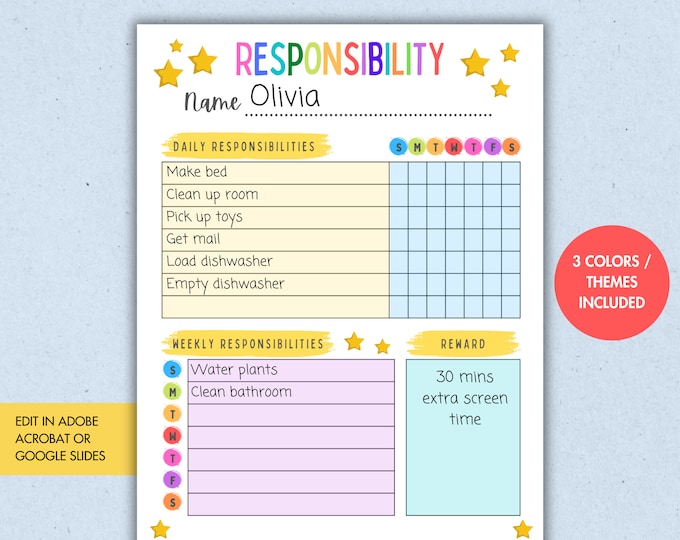 Editable Responsibility Chore Chart for Kids, Rainbow Responsibility ...