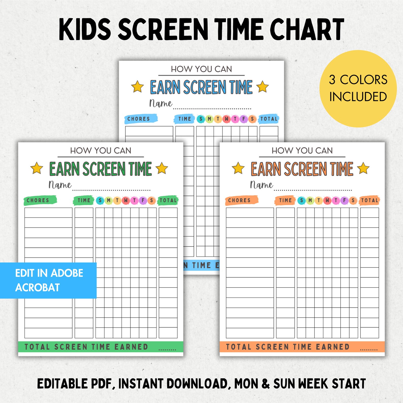 Printable Screentime Checklist, Editable Kids Screen Time Chart, Earn ...
