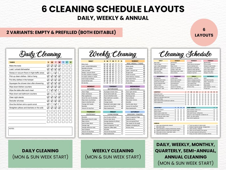 Editable Cleaning Schedule Template Weekly Monthly Annual - Etsy México