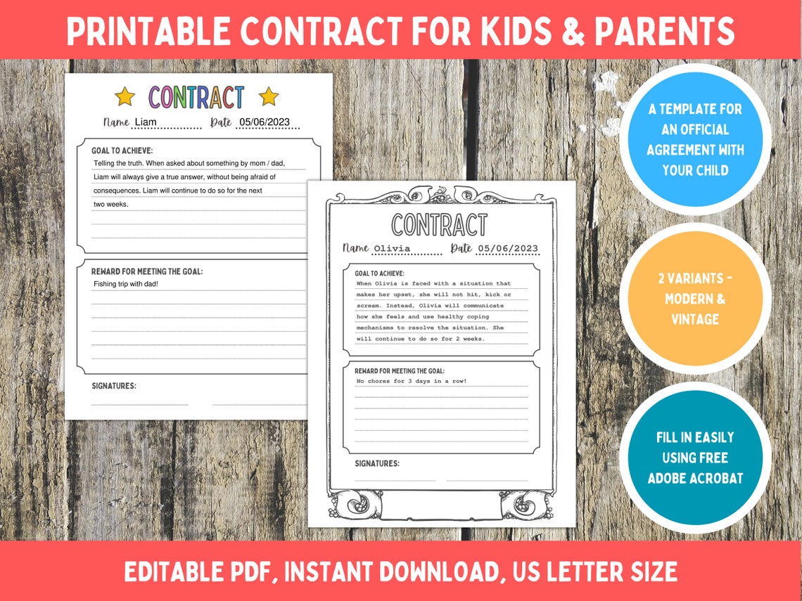 Printable Behavior Contract: Editable Parent-kids Agreement (PDF) - Etsy