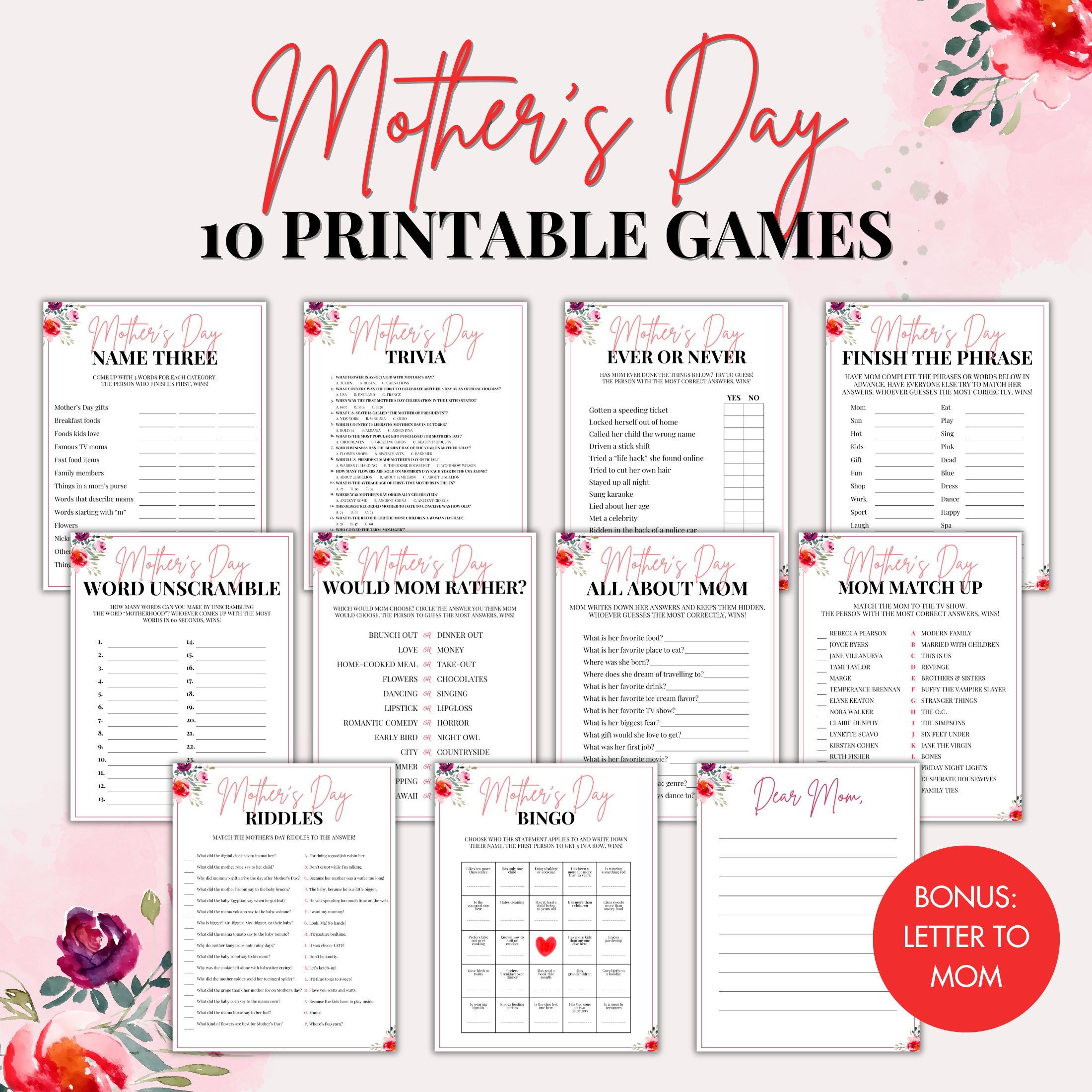 Mothers Day Game Bundle, 10 Printable Mothers Day Games, Mothers Day ...