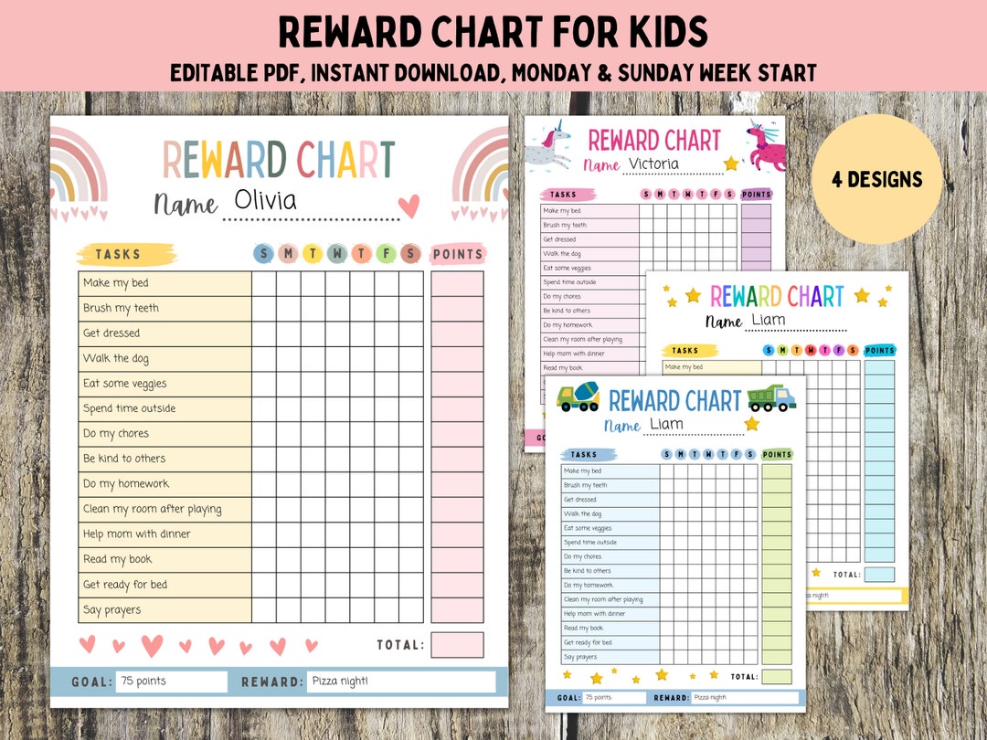 Reward Chart Printable, Toddler Reward Chart, Editable Reward Chart for ...