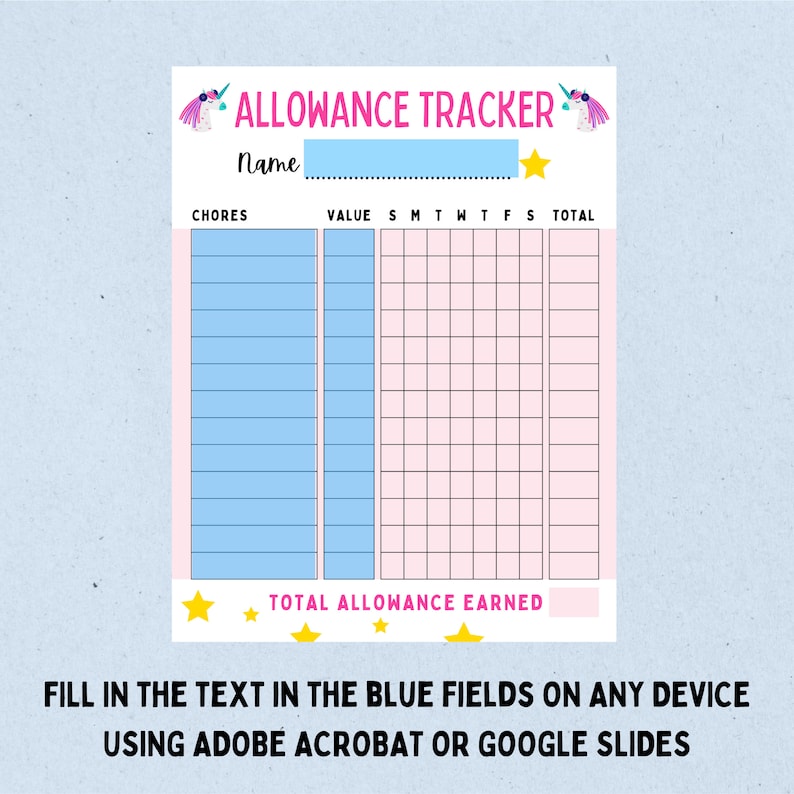 Editable Kids Allowance Chore Chart: Money Reward Tracker (PDF) - Etsy