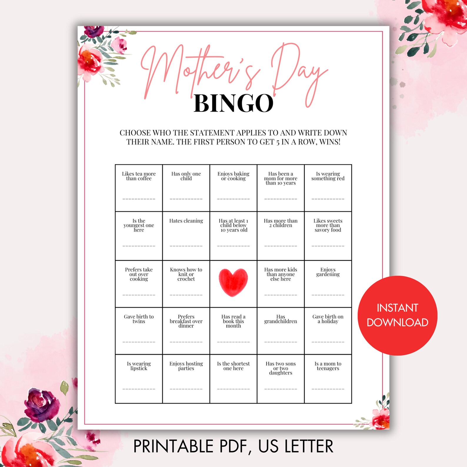 Mothers Day Bingo, Printable Bingo Game, Mothers Day Party Game ...