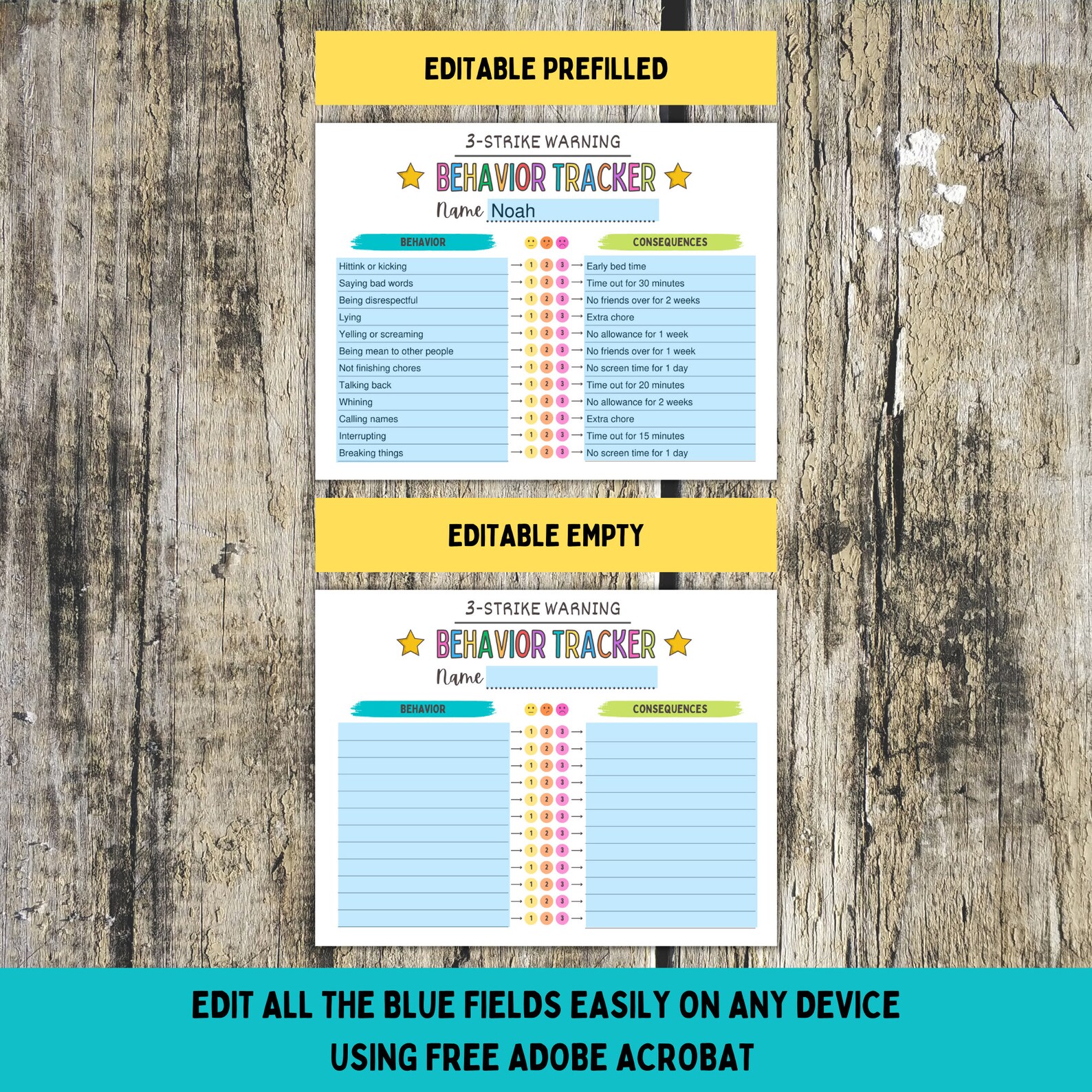 3-strike Behavior Chart: Editable Kids Behavior Tracker (digital PDF ...