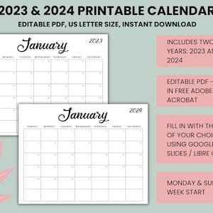Editable 2023 Calendar, 2024 Calendar, 2024 Monthly Planner, Printable ...