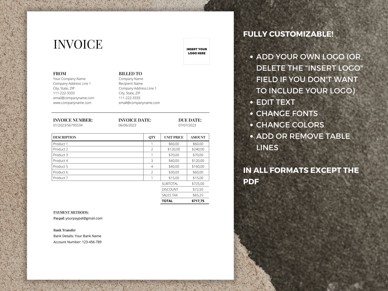Editable Invoice Template: Word, Excel, Google Docs, PDF (US Letter) - Etsy