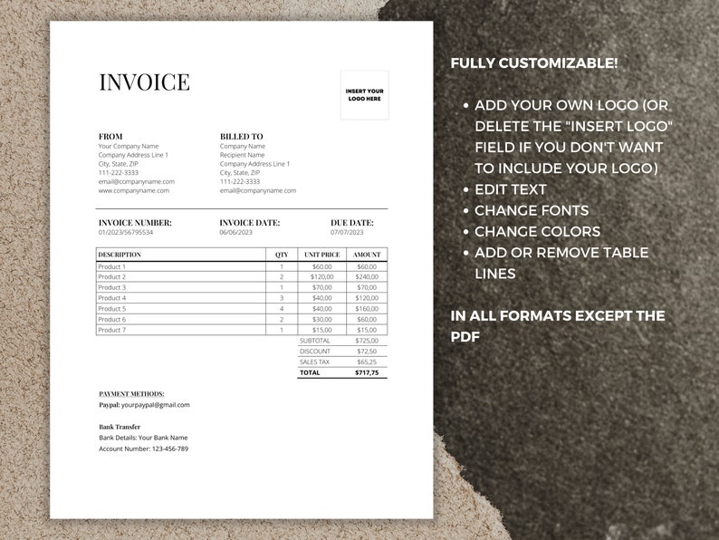 Editable Invoice Template: Word, Excel, Google Docs, PDF (US Letter) - Etsy