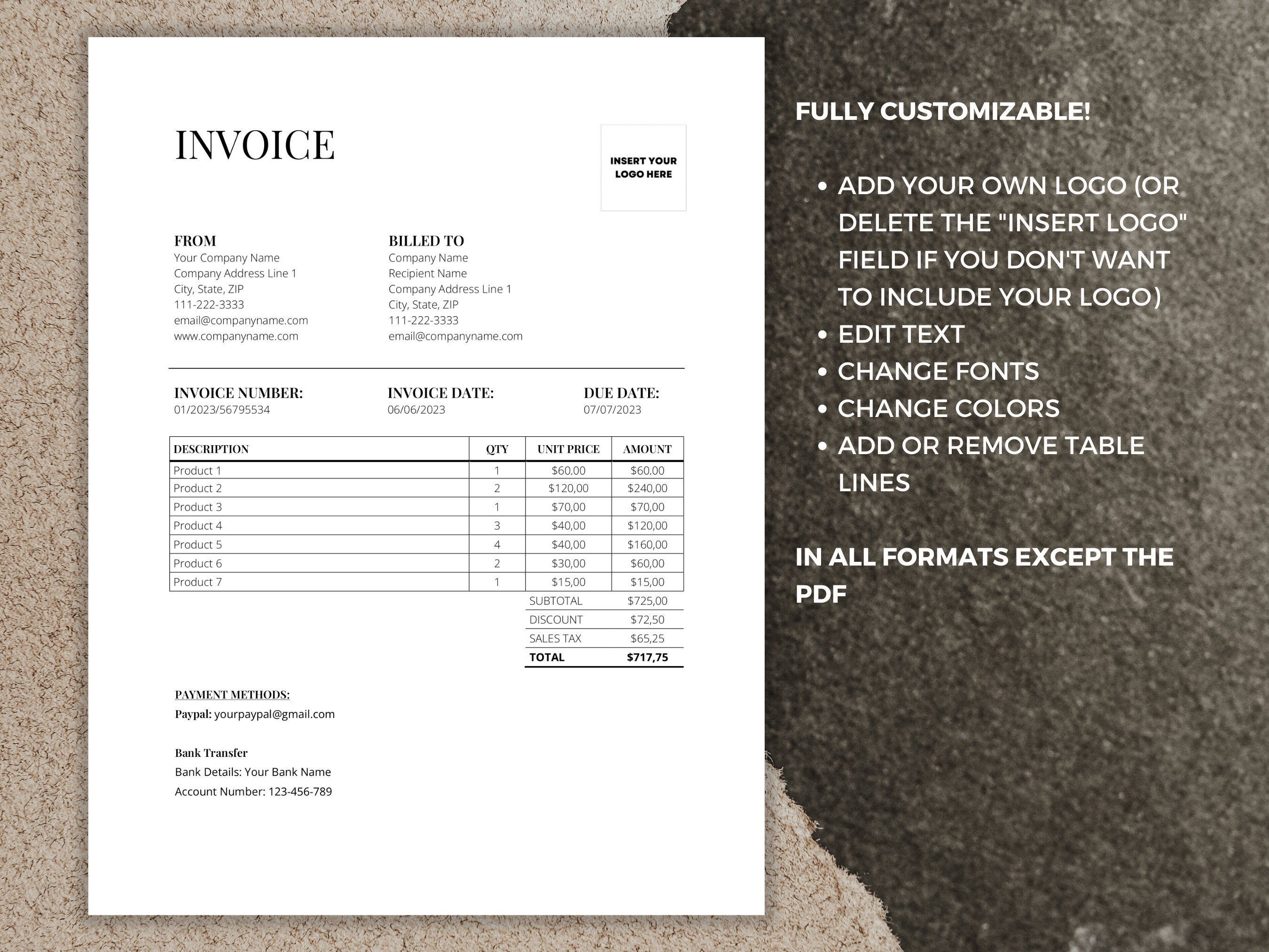 Editable Invoice Template: Word, Excel, Google Docs, PDF (US Letter) - Etsy