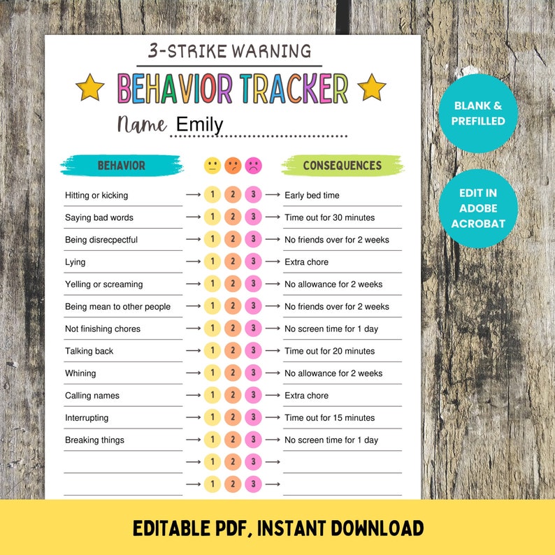 Kids Behavior Chart: 3-strike Warning, Editable PDF (instant Download ...