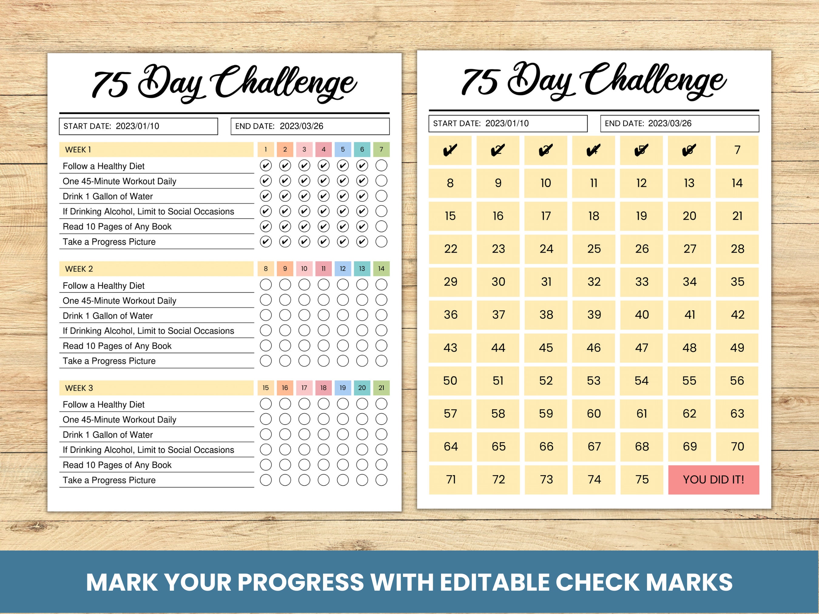 Printable 75 Day Challenge Tracker, Editable 75 Soft Tracker, Daily ...