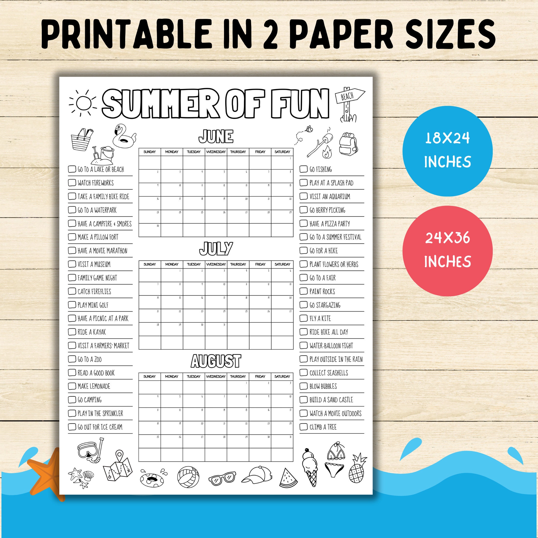 2024 Summer Calendar, Coloring Summer Calendar Poster, Printable Kids ...