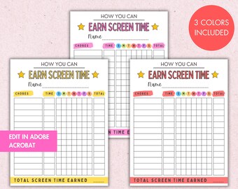 Earn Screen Time, Editable Kids Screen Time Chart, Printable Chore ...