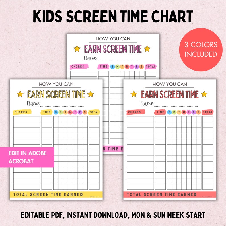 Printable Kids Screen Time Chart, Screentime Checklist, Editable Earn ...