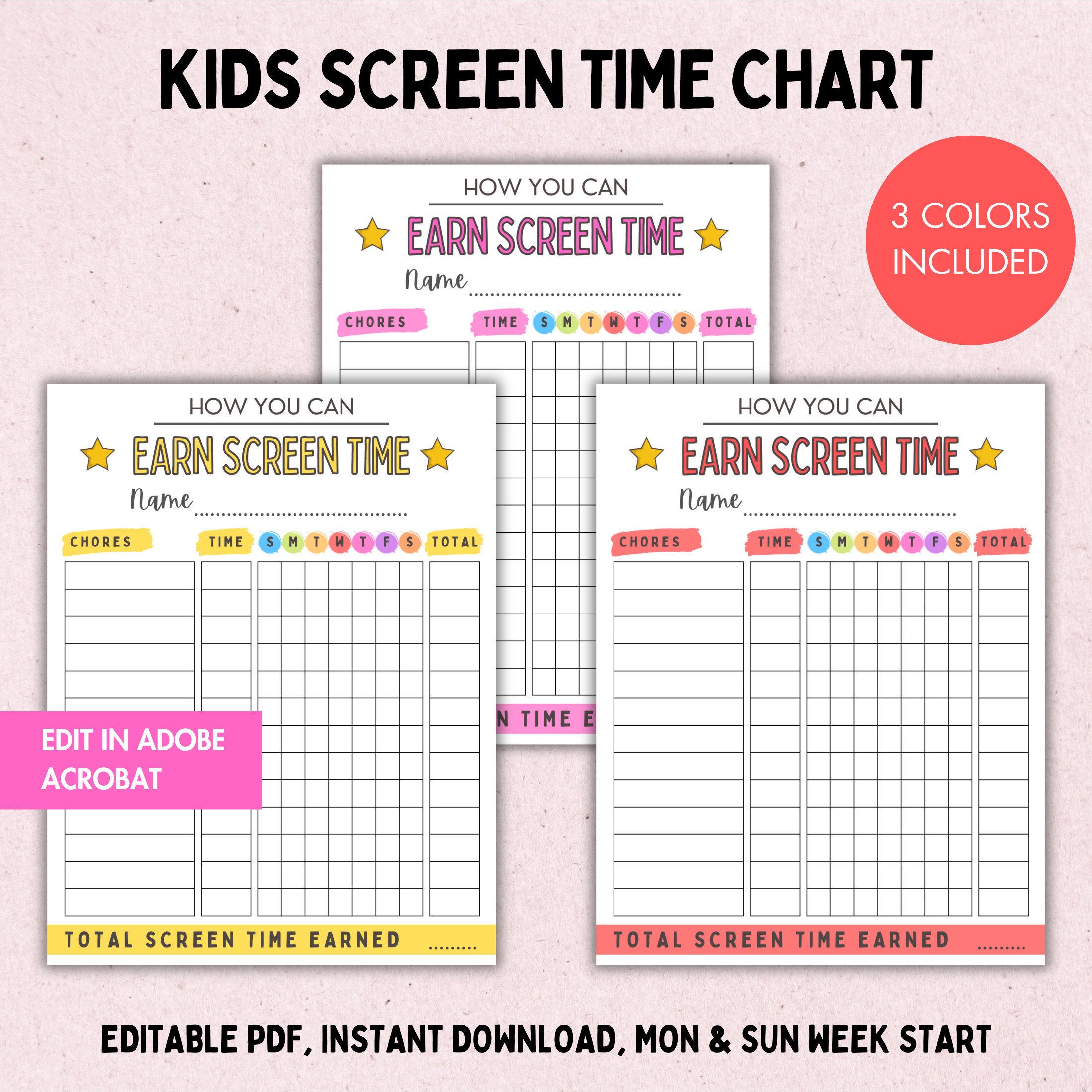 Printable Kids Screen Time Chart, Screentime Checklist, Editable Earn ...