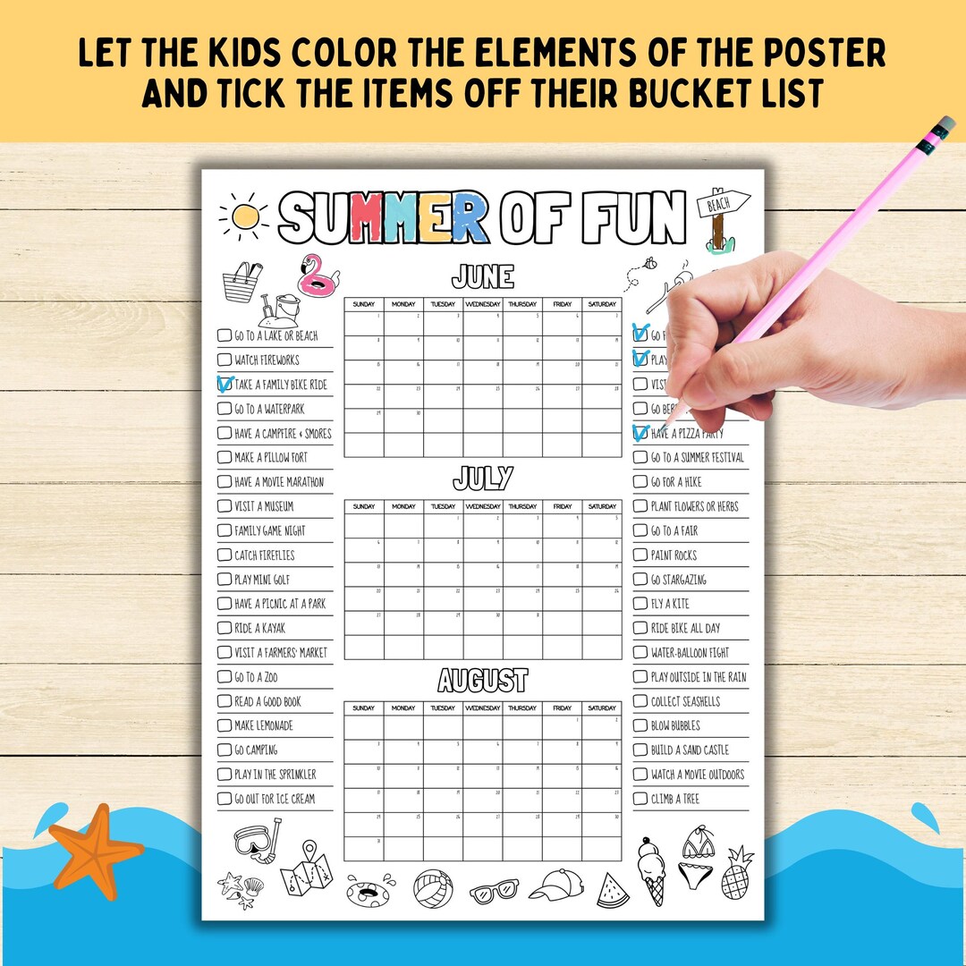 Editable Summer 2025 Calendar Poster for Kids, Printable Summer Bucket ...