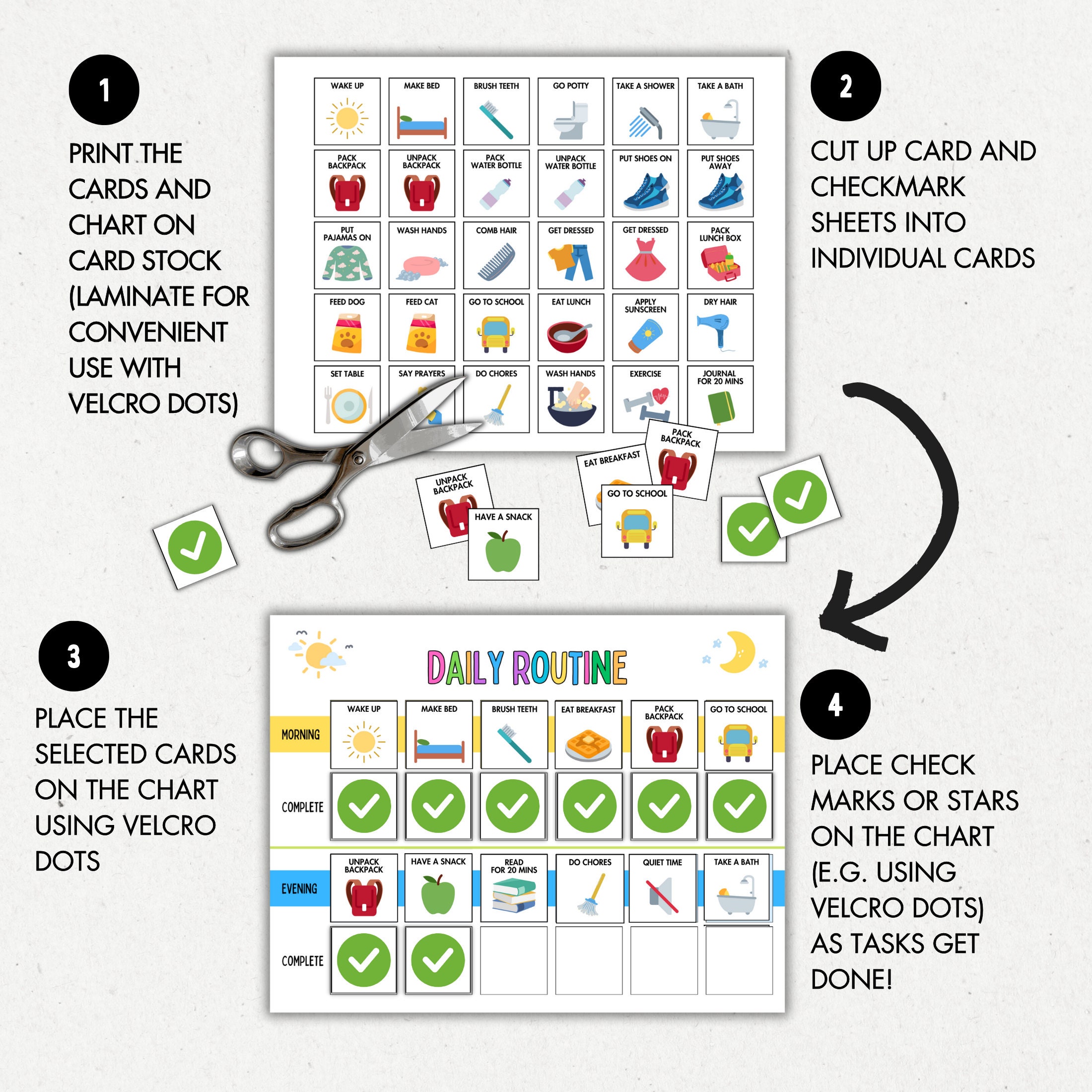 Kids Visual Routine Cards & Chart, Printable Daily Routine, Editable ...