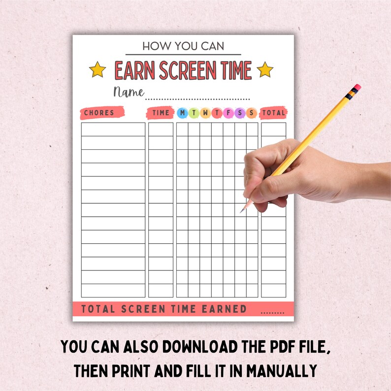 Printable Kids Screen Time Chart, Screentime Checklist, Editable Earn ...