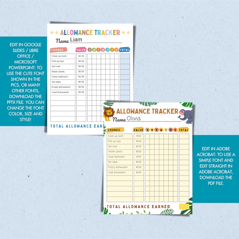 Allowance Tracker for Kids, Animal Themes, Printable Weekly Allowance ...