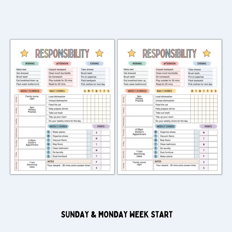 Editable Responsibility Chart Printable Chore Chart for Kids - Etsy México