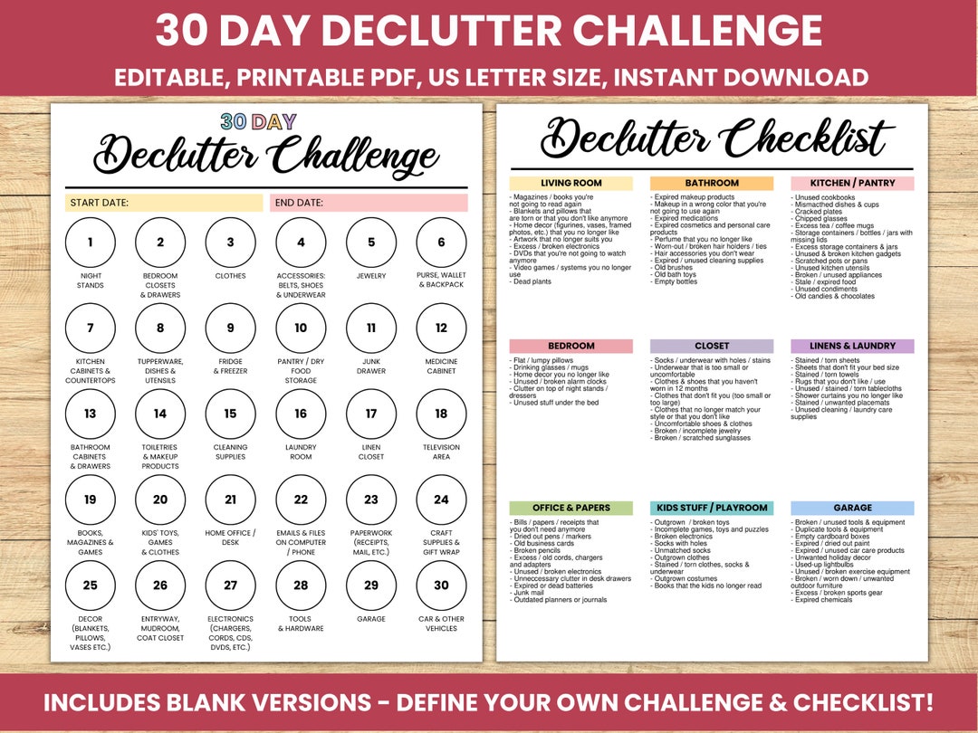 Printable Declutter Challenge, Editable 30 Day Challenge, Decluttering ...