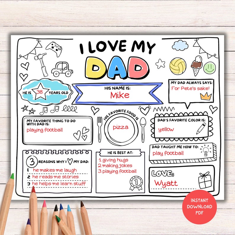 I Love My Dad, Printable Father's Day Gift From Kids, Father's Day Card ...