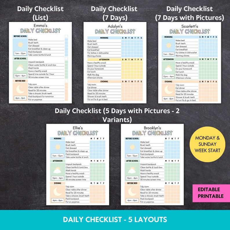 Kids Chore Chart Bundle: Editable Daily & Weekly Checklist (canva) - Etsy