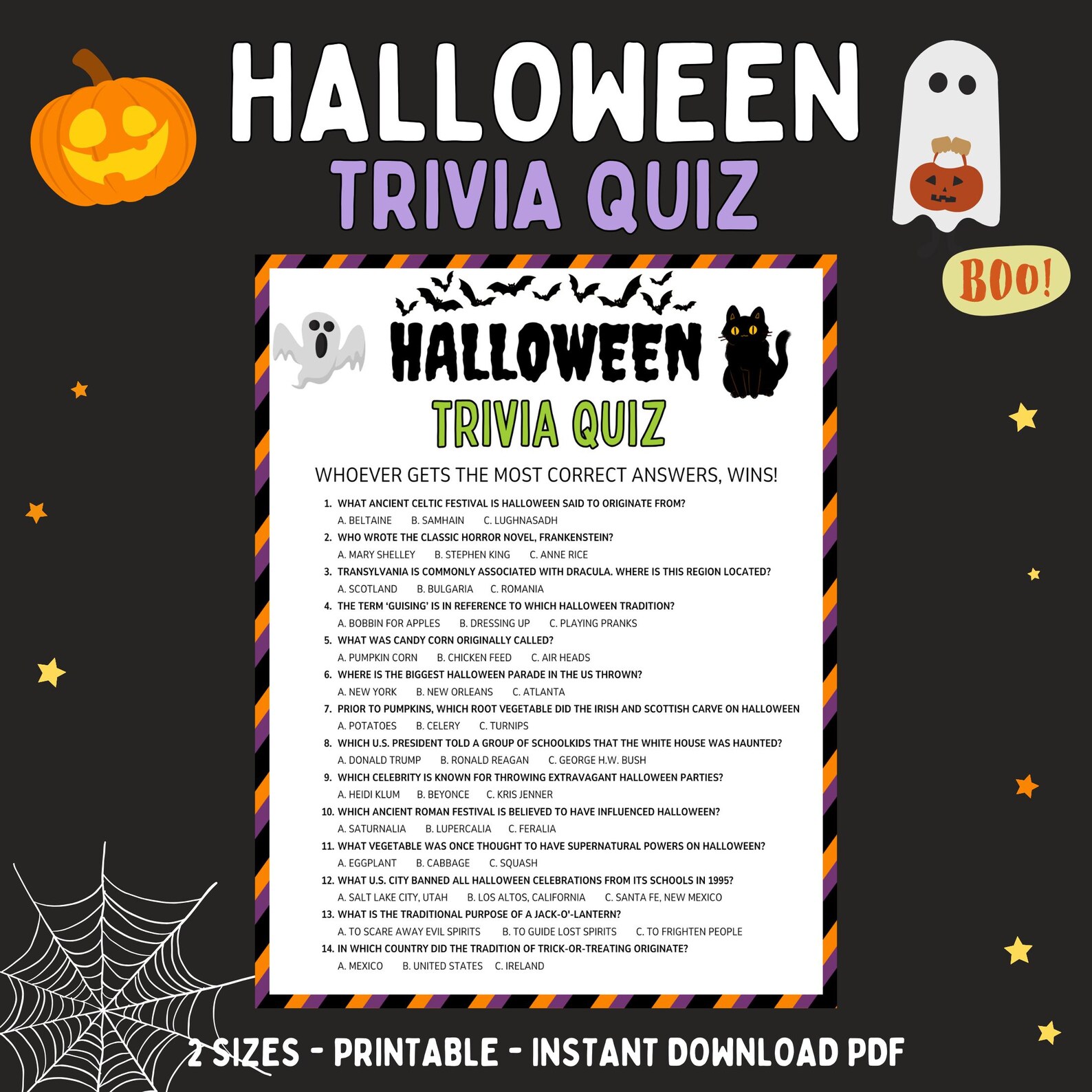 Halloween Trivia Quiz Printable Halloween Party Games Trivia Game ...