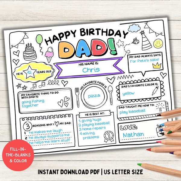Happy Birthday Dad Printable Kids - Etsy