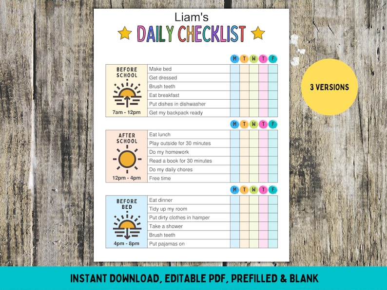 Printable Daily Checklist for Kids, Editable Kids to Do List ...