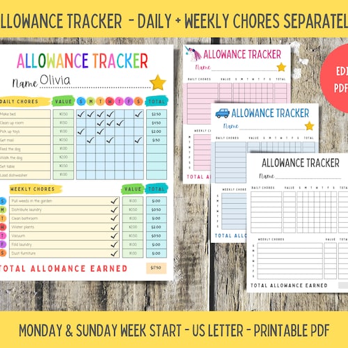 Editable Allowance Chart for Kids Allowance Tracker Editable - Etsy ...