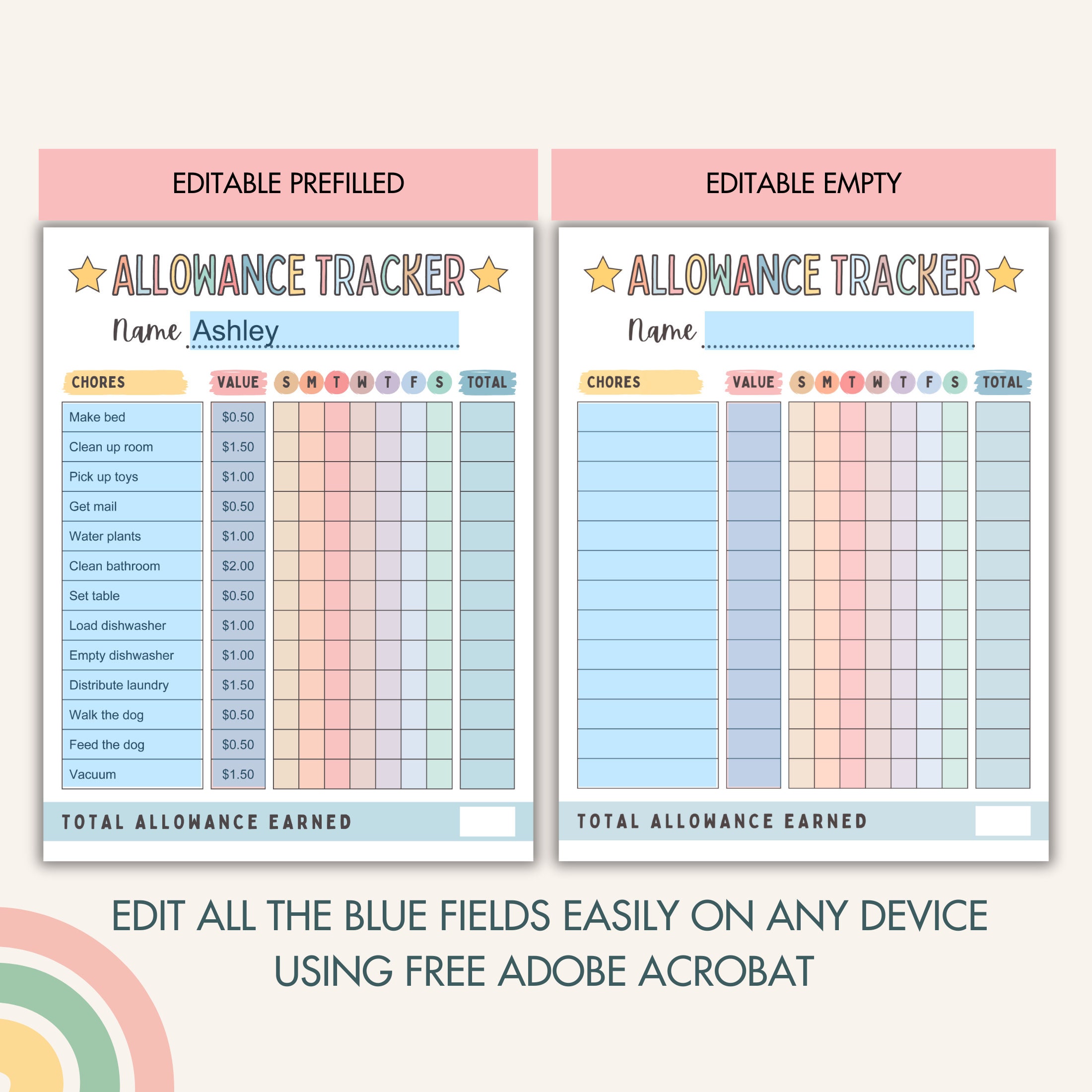 Allowance Tracker for Kids, Editable Allowance Chart for Kids ...