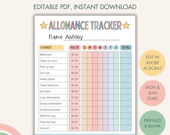 Kids Allowance Tracker Printable Allowance Chore Chart Editable ...