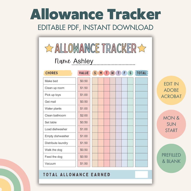 Allowance Tracker for Kids, Editable Allowance Chart for Kids ...