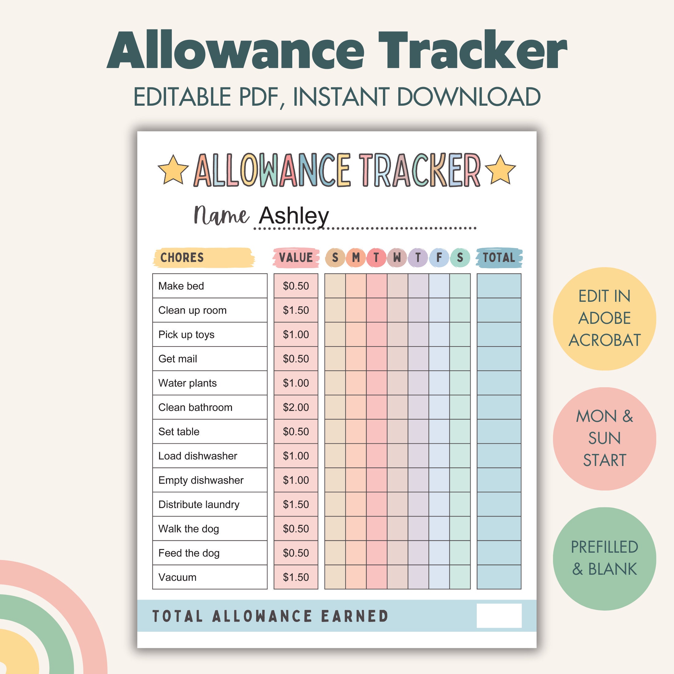 Allowance Tracker for Kids, Editable Allowance Chart for Kids ...
