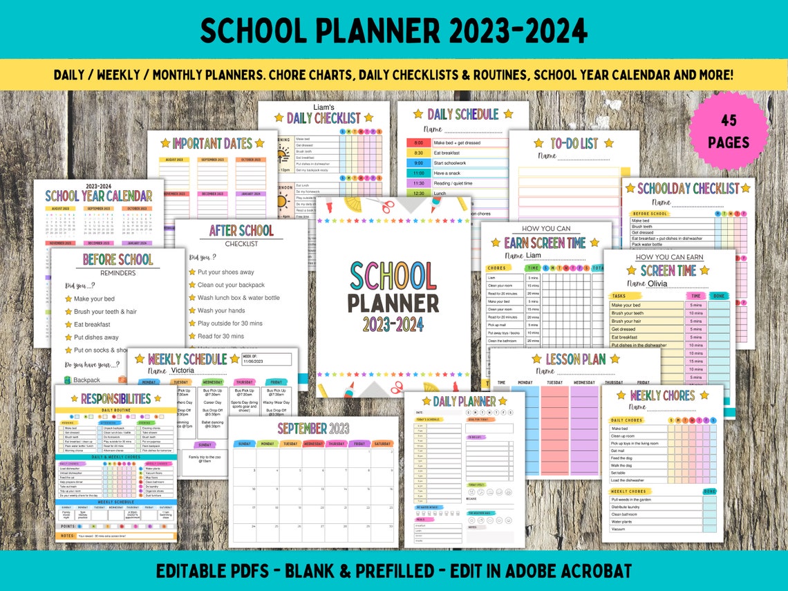 Editable Kids School Planner 2023-2024, Printable Kids Chore Chart ...