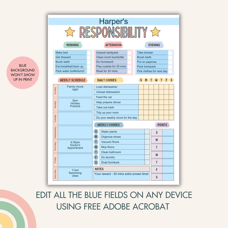 Editable Kids Chore Chart: Daily & Weekly Responsibility Checklist (PDF ...
