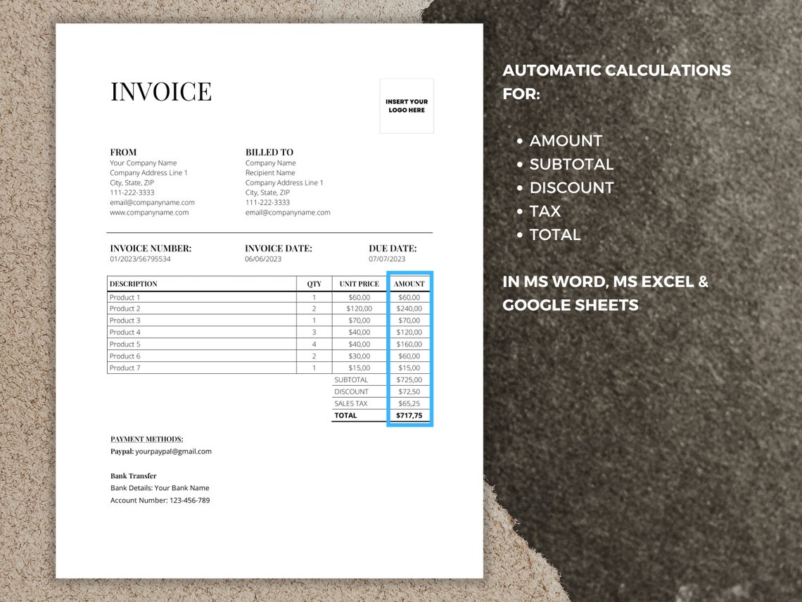 Editable Invoice Template: Word, Excel, Google Docs, PDF (US Letter) - Etsy