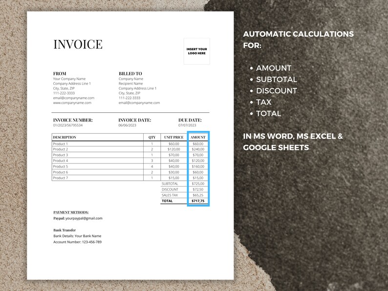 Editable Invoice Template: Word, Excel, Google Docs, PDF (US Letter) - Etsy