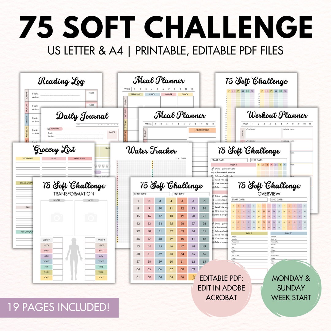 Editable 75 Soft Challenge Tracker, Printable 75 Day Challenge, Easy ...