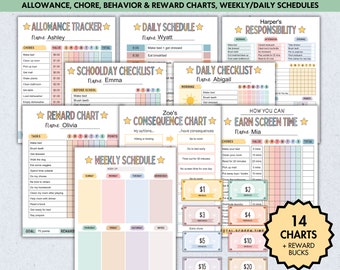 Editable Kids Chore Charts, Reward, Allowance, Screen Time, School ...