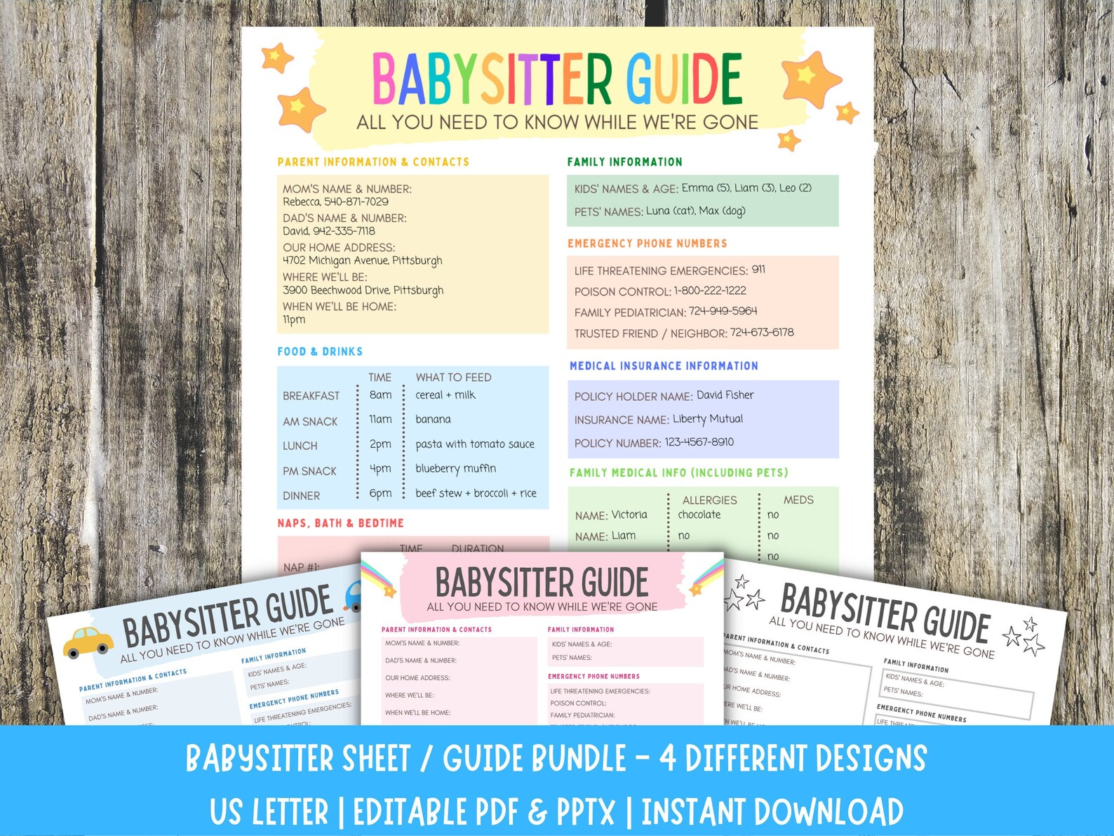 Babysitter Guide Sheet: Emergency Contacts, Nanny Information (editable ...