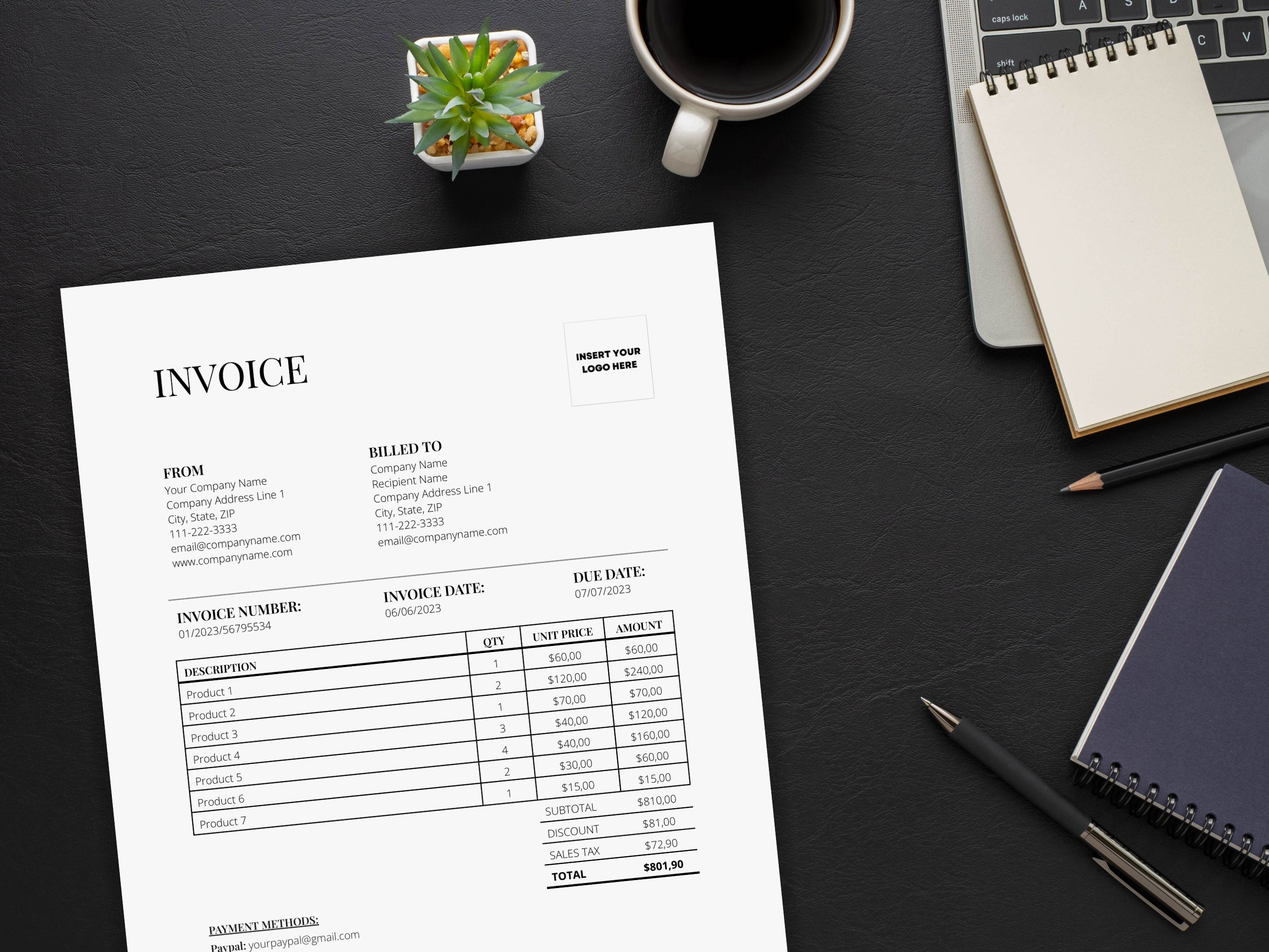 Editable Invoice Template: Word, Excel, Google Docs, PDF (US Letter) - Etsy