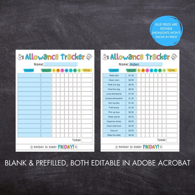 Kids Allowance Chart, Allowance Tracker, Editable, Chore Chart for Kids ...