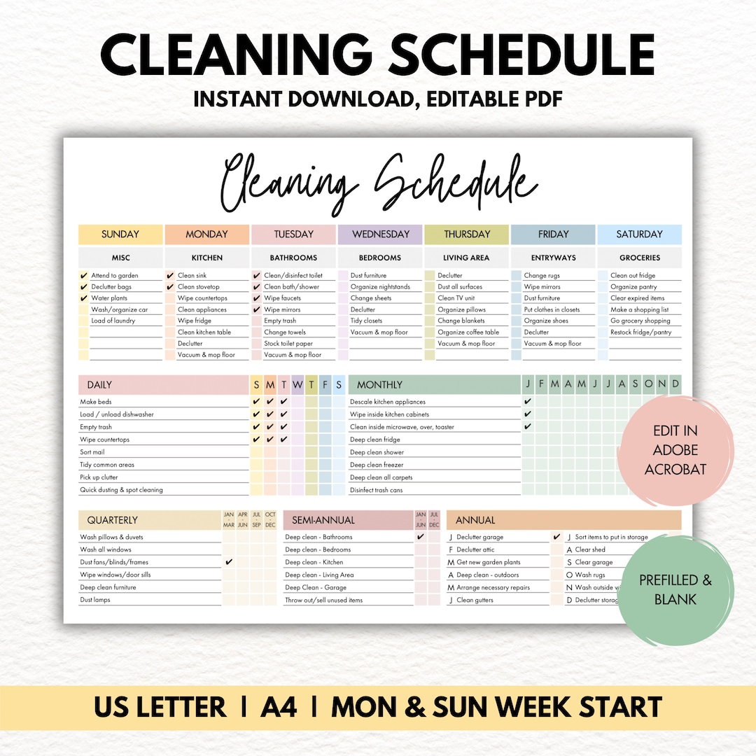 Editable Cleaning Schedule: Printable Chore List (digital PDF) - Etsy