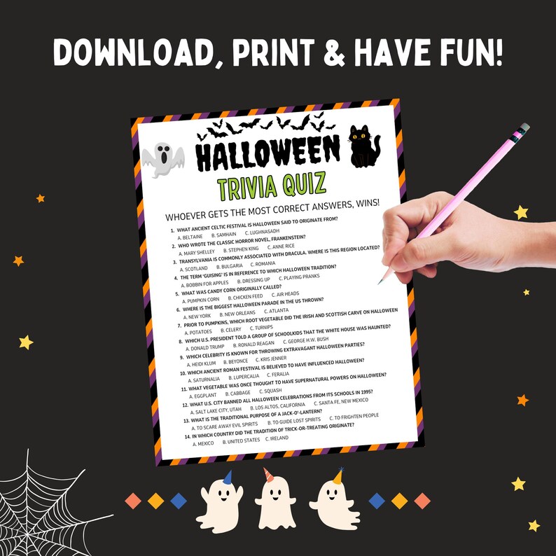 Halloween Trivia Quiz Printable Halloween Party Games Trivia Game ...