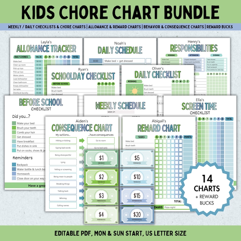 Editable Kids Chore Charts, Allowance Tracker, Schoolday Routine, Daily ...