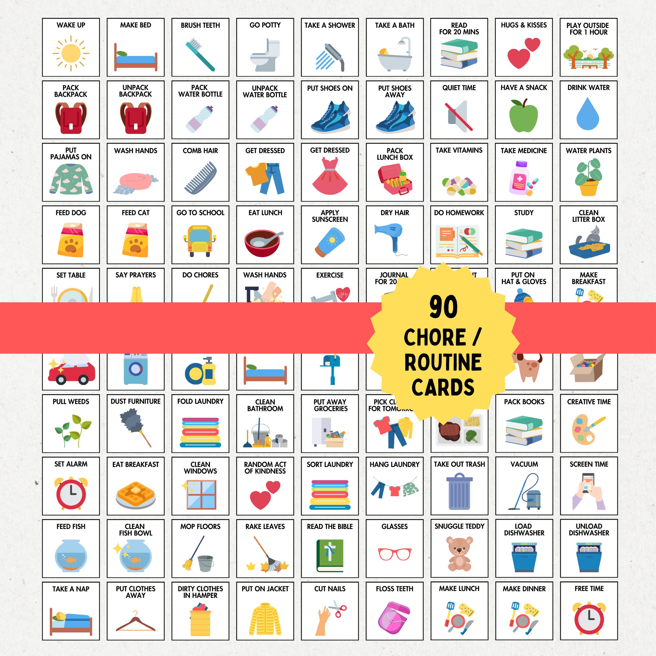 Kids Visual Routine Cards & Chart, Printable Daily Routine, Editable ...